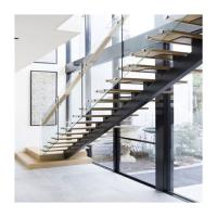 China Residential l shaped wood staircase single stringer wooden steps' straight stair for sale