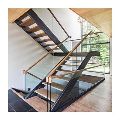 China 2023 Wood Treads Straight Stair Double Stringer Glass Railing Straight Staircase for sale