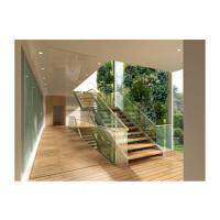 China 2023 Wood Treads Straight Stair Double Stringer Glass Railing Straight Staircase for sale