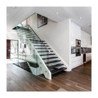 China 2023 Wood Treads Straight Stair Double Stringer Glass Railing Straight Staircase for sale