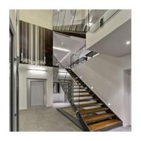 China 2023 Wood Treads Straight Stair Double Stringer Glass Railing Straight Staircase for sale