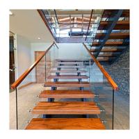 China Modern design stainless steel straight staircase led rubber wood box tread stairs for sale