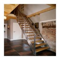 China Complete style straight stairs prefab solid wood tread glass railing stairs for sale