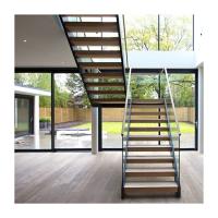 China Complete style straight stairs prefab solid wood tread glass railing stairs for sale