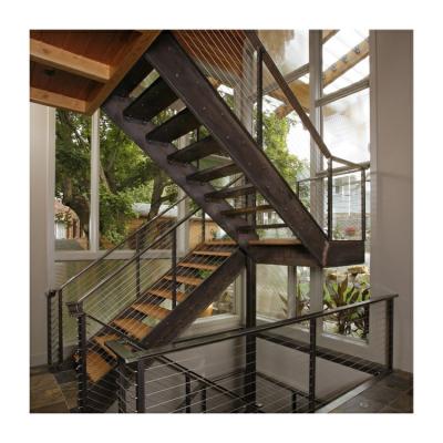 China Quality service straight stainless steel metal staircase central beam glass wood stairs for sale