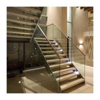 China Fashion design decorative straight staircase tempered glass railing wood stairs for sale