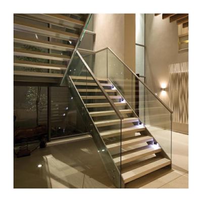 China Fashion design decorative straight staircase tempered glass railing wood stairs for sale