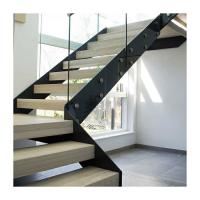 China Fashion design decorative straight staircase tempered glass railing wood stairs for sale