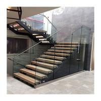 China Low cost glass metal straight stairs wooden timber staircase for sale