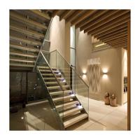 China Competitive price double beam straight stairs carve wooden staircase for sale