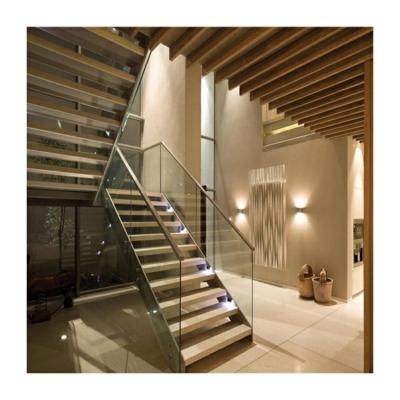 China Competitive price double beam straight stairs carve wooden staircase for sale