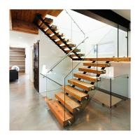 China Competitive price double beam straight stairs carve wooden staircase for sale