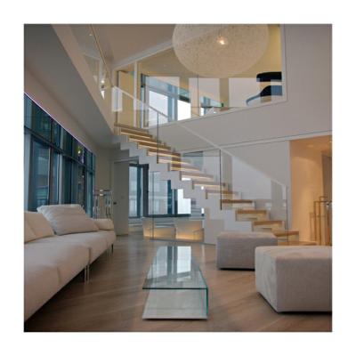 China Condominium straight tempered glass stair painting wooden step staircase for sale