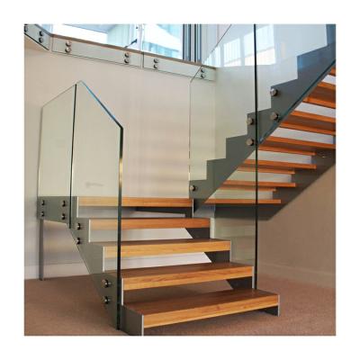 China Good quality glass railing straight stair red wooden tread staircase for sale