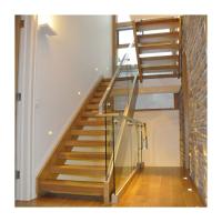 China Good quality glass railing straight stair red wooden tread staircase for sale