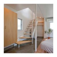 China Good quality glass railing straight stair red wooden tread staircase for sale