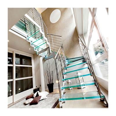 China Mild steel staircase led laminated glass tread stairs precast straight staircase for sale