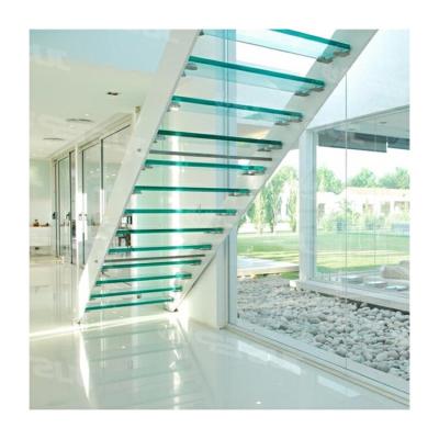 China Modern indoor staircase tempered glass tread staircase indoor straight tempered glass stair for sale