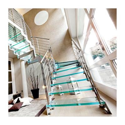 China Modern steel staircase standoff tempered glass railing stairs straight glass stairs price for sale