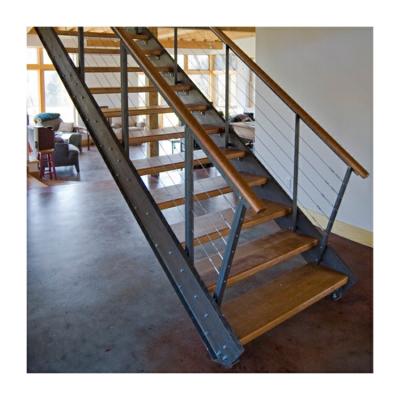 China Simple design straight staircase with metal rails glass wood stairs for sale