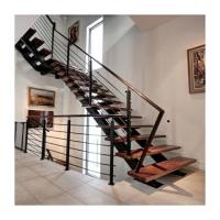 China Simple design straight staircase with metal rails glass wood stairs for sale
