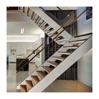 China Simple design straight staircase with metal rails glass wood stairs for sale