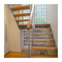 China Residential indoor straight glass floating stairs dull color solid wood tread staircase for sale
