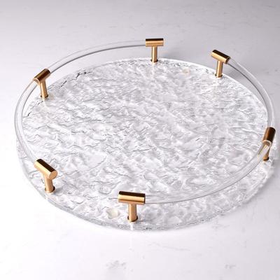 China High Transparent Round Acrylic Tray With Metal Handles, Decorative Serving Tray For Home & Hotel for sale