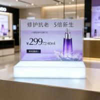 China L-shaped product display stand, transparent acrylic cosmetic display rack with lights, skin care product shelf for sale
