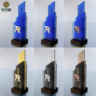 China Custom gradient laminated blue tech-style acrylic trophy with hollow-out lettering featuring circuit patterns, desktop honor medal suitable for esports events and award ceremonies of tech enterprises for sale