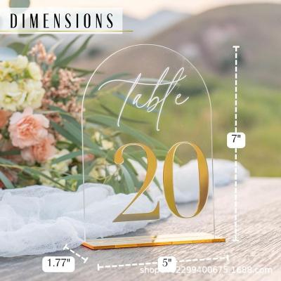 China Arched Clear Acrylic Wedding Table Number Sign, Gold 3D Letter Banquet Table Stand, Custom Party Wedding Seat Marker for sale