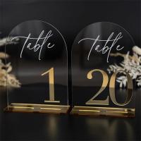 China Arched Clear Acrylic Wedding Table Number Sign, Gold 3D Letter Banquet Table Stand, Custom Party Wedding Seat Marker for sale