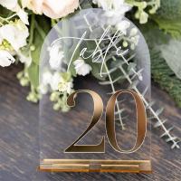 China Arched Clear Acrylic Wedding Table Number Sign, Gold 3D Letter Banquet Table Stand, Custom Party Wedding Seat Marker for sale