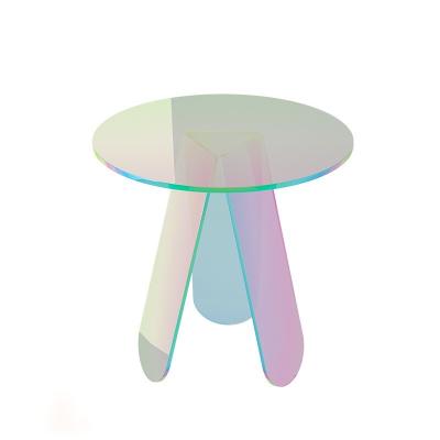 China Iridescent Rainbow Acrylic Round Side Table, Transparent Holographic Accent End Table with 3 Triangle Legs, Modern Aesthetic Coffee Table for Bedroom Salon Decor for sale