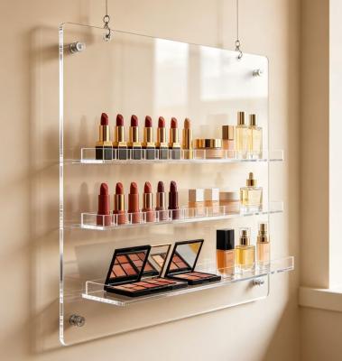 China Wall Mounted Acrylic Makeup Shelf 3-Tier Clear Cosmetic Organizer Floating Display Rack for Lipstick Perfume Skincare Storage for sale