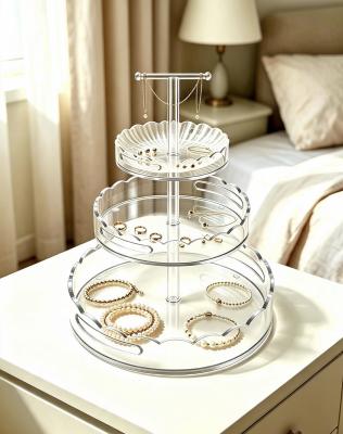 China 3‑Tier Acrylic Scalloped Jewelry Display Stand, Necklace Bracelet Ring Organizer with Top Hanging Rod for sale