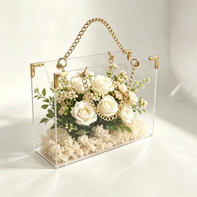 China Clear Acrylic Flower Box Handbag with Gold Chain Handle — Transparent Acrylic Bag Floral Gift Tote for Wedding Favors, Bridesmaid Proposals & Event Deco for sale