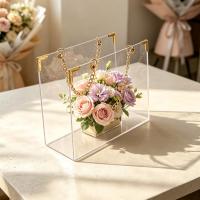 China Clear Acrylic Flower Box Handbag with Gold Chain Handle — Transparent Acrylic Bag Floral Gift Tote for Wedding Favors, Bridesmaid Proposals & Event Deco for sale