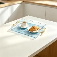 China Custom Color Acrylic Serving Tray, Wavy Rim Dresser Tray with Gold Bar Handles for sale