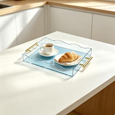 China Custom Color Acrylic Serving Tray, Wavy Rim Dresser Tray with Gold Bar Handles for sale