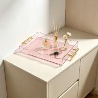 China Custom Color Acrylic Serving Tray, Wavy Rim Dresser Tray with Gold Bar Handles for sale