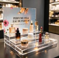 China 3-Tier Acrylic Display Stand with Back Panel, Clear Cosmetic Perfume Organizer for Retail Counter & Vanity for sale