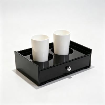 China Black Acrylic 2 Cup Holder with Drawer, Multi-functional Bar Desktop Storage Organizer for Hotel KTV Club for sale
