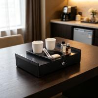 China Black Acrylic 2 Cup Holder with Drawer, Multi-functional Bar Desktop Storage Organizer for Hotel KTV Club for sale