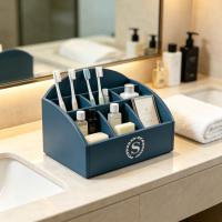 China Custom Matte Blue Acrylic 3 Compartment Hotel Room Organizer Box, Hotel Amenity Storage Caddy With Custom Logo for sale