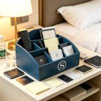 China Custom Matte Blue Acrylic 3 Compartment Hotel Room Organizer Box, Hotel Amenity Storage Caddy With Custom Logo for sale