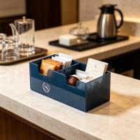 China Custom Dark Blue Acrylic Tea & Coffee Caddy, 2 Compartment Hotel Guest Room Amenity Storage Box With for sale