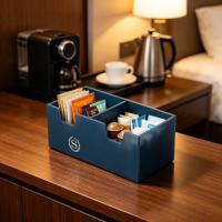 China Custom Dark Blue Acrylic Tea & Coffee Caddy, 2 Compartment Hotel Guest Room Amenity Storage Box With for sale