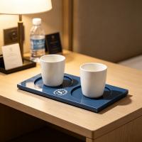 China Custom Dark Blue Acrylic Tea & Coffee Caddy, 2 Compartment Hotel Guest Room Amenity Storage Box With for sale