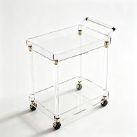China Clear Acrylic Rolling Bar Cart, 2 Tier Luxury Serving Trolley With Gold Hardware & Wheels for sale